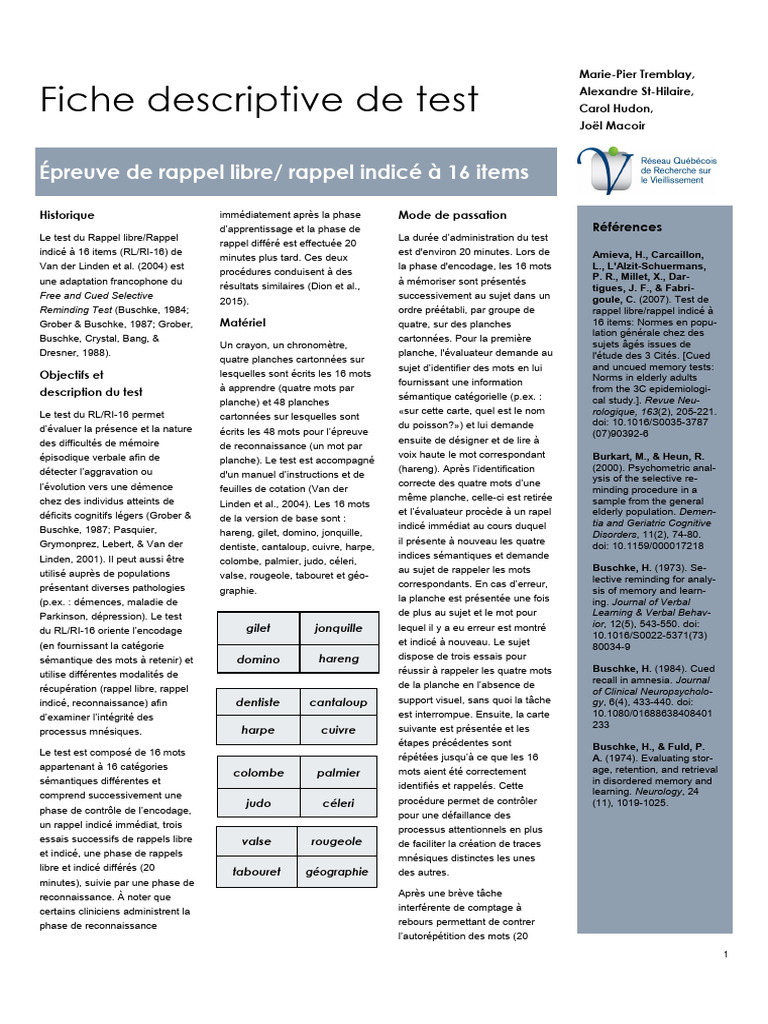 Test RL/RI-16 : Rappel libre et indicé | PDF