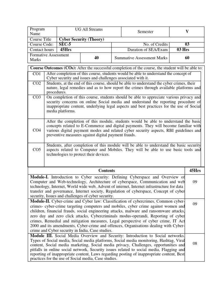 Cyber Security Syllabus for 5th Semester | PDF | Security | Computer ...