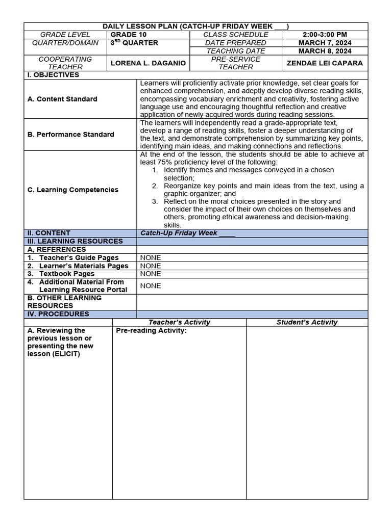 Catch Up Friday Format | PDF | Reading Comprehension | Learning