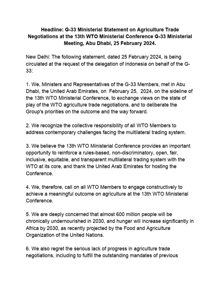 _G-33 Ministerial Statement on Agriculture Trade Negotiations at the ...