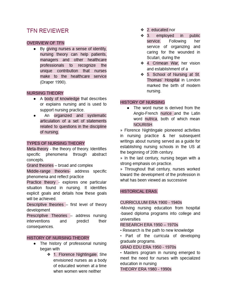 TFN Reviewer | PDF | Nursing | Theory
