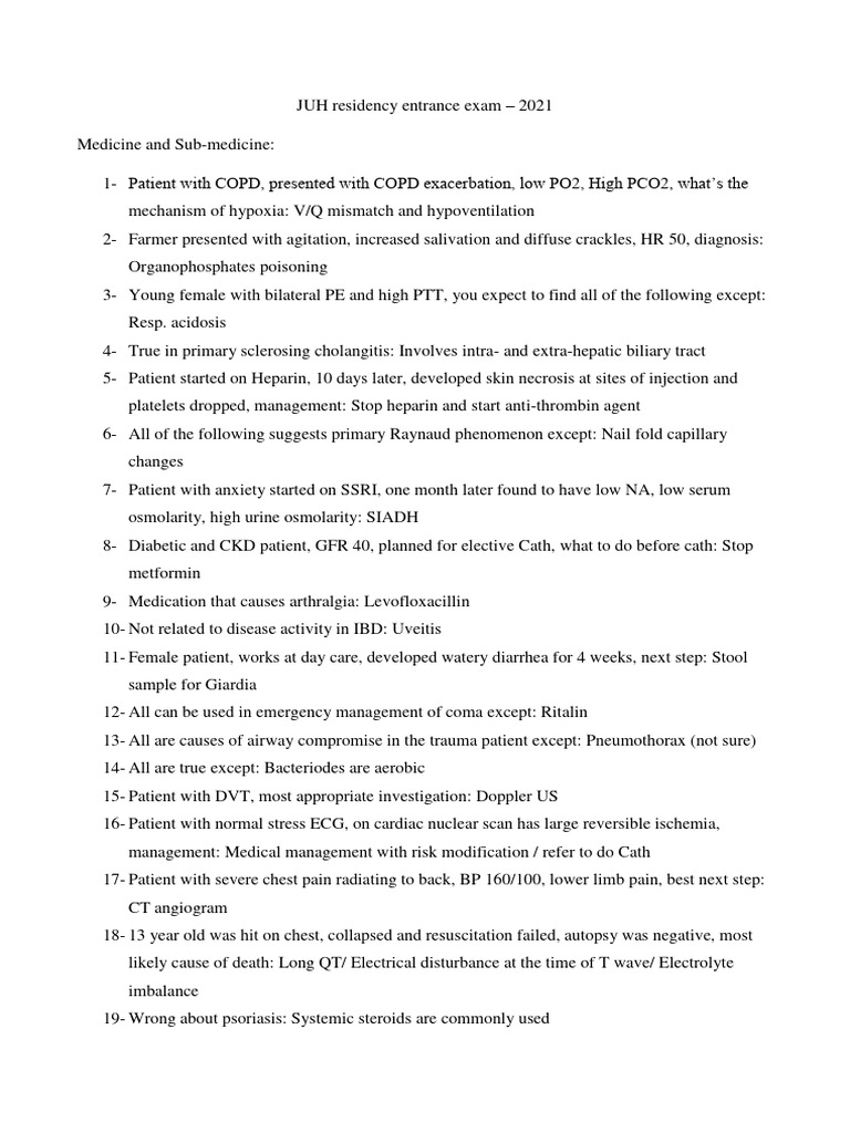 JUH residency entrance exam 2021 | PDF | Human Diseases And Disorders ...