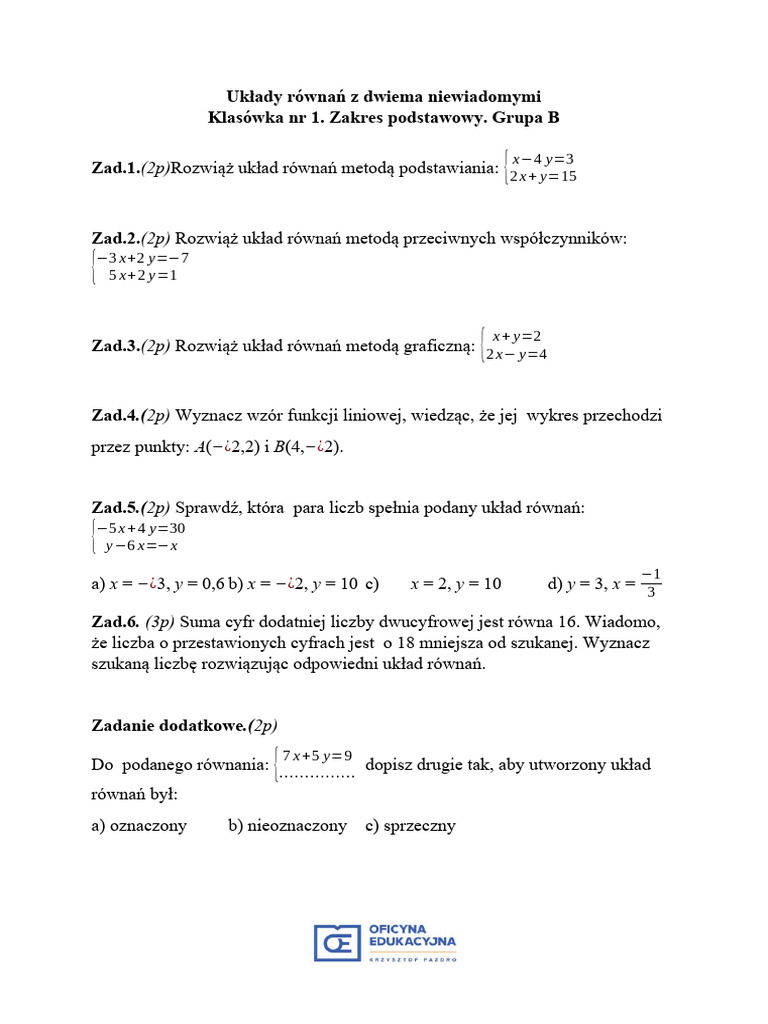Układy Równań Z Dwiema Niewiadomymi Klasówka NR 1. Zakres Podstawowy ...