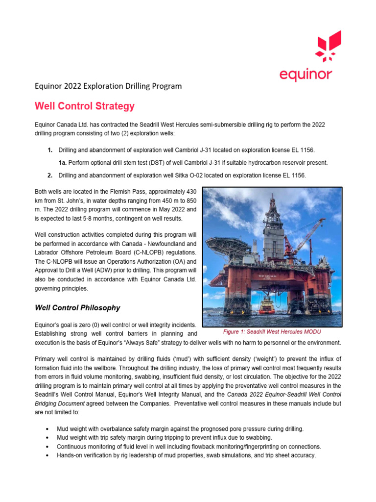 Well Control Strategy Equinor 2022 Exploration Drilling | PDF | Oil ...