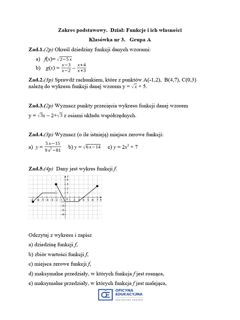 Zakres podstawowy. Dział: Funkcje i ich własności Klasówka nr 3. Grupa ...