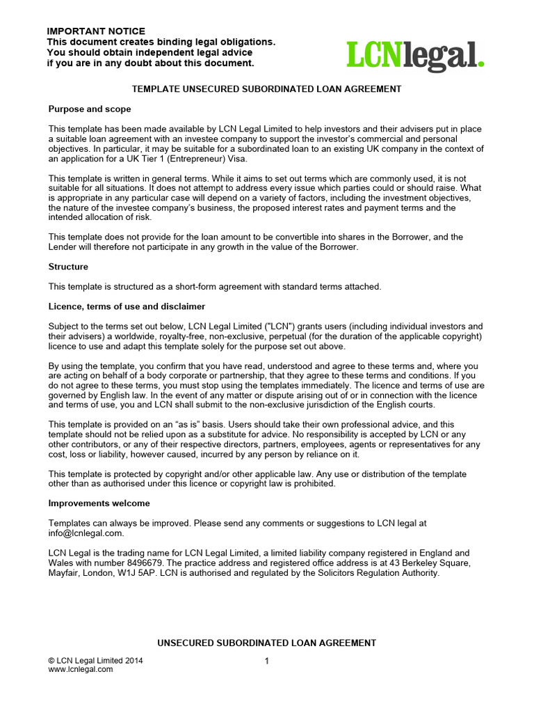Template Unsecured Subordinated Loan Agreement | PDF | Loans | Interest