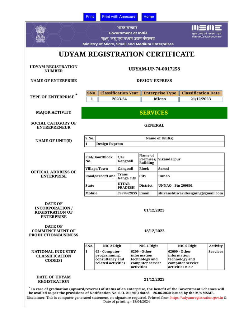 Print - Udyam Registration Certificate | Download Free PDF | Computing