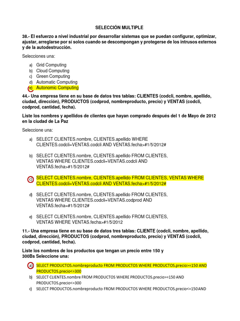 SELECCIÓN MULTIPLE Examen Final | PDF | SQL | Informática