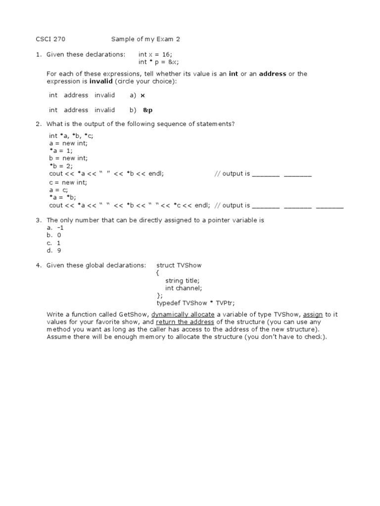 Sample Exam 2 Pointers Dynamic Memory Linked Lists Csci 270 Pdf C Programming Language