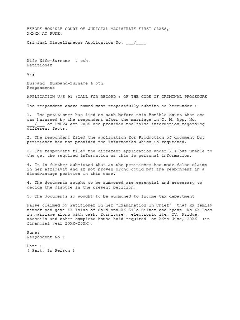 Application Format for CrPC US 91 ( Call for Record ) | PDF