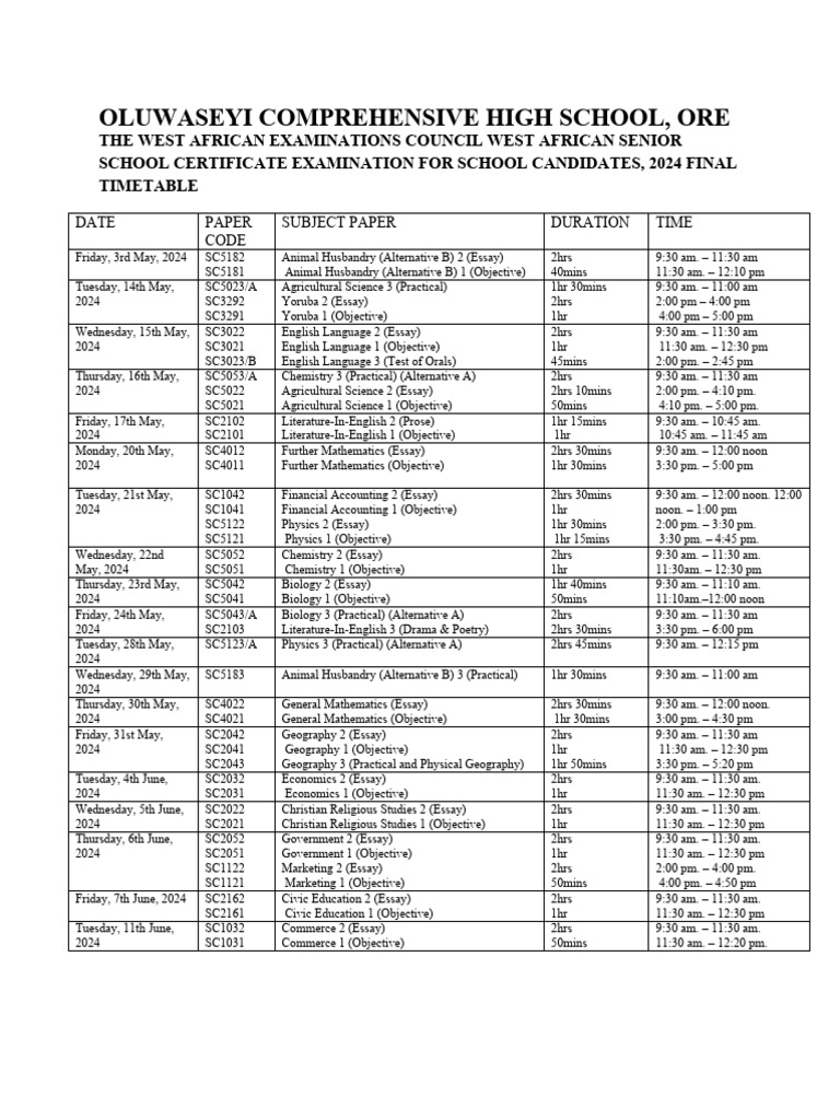 Oluwaseyi Comprehensive High School Waec Time Table 2024 | PDF