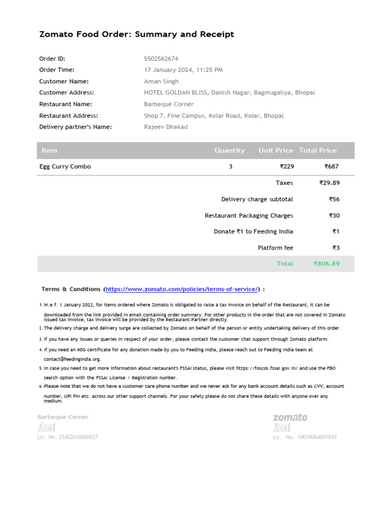 Zomato Order Receipt: Barbeque Corner | PDF
