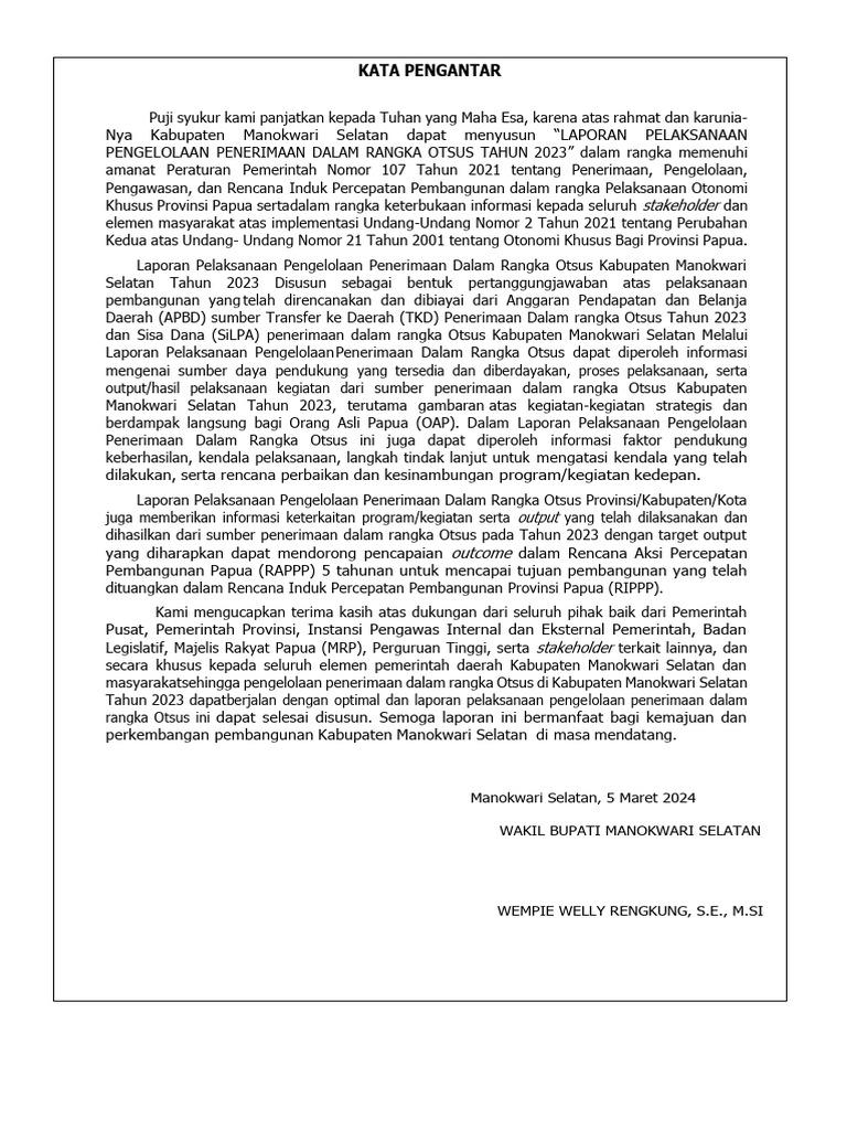 KATA PENGANTAR Laporan Tahunan Otsus | PDF