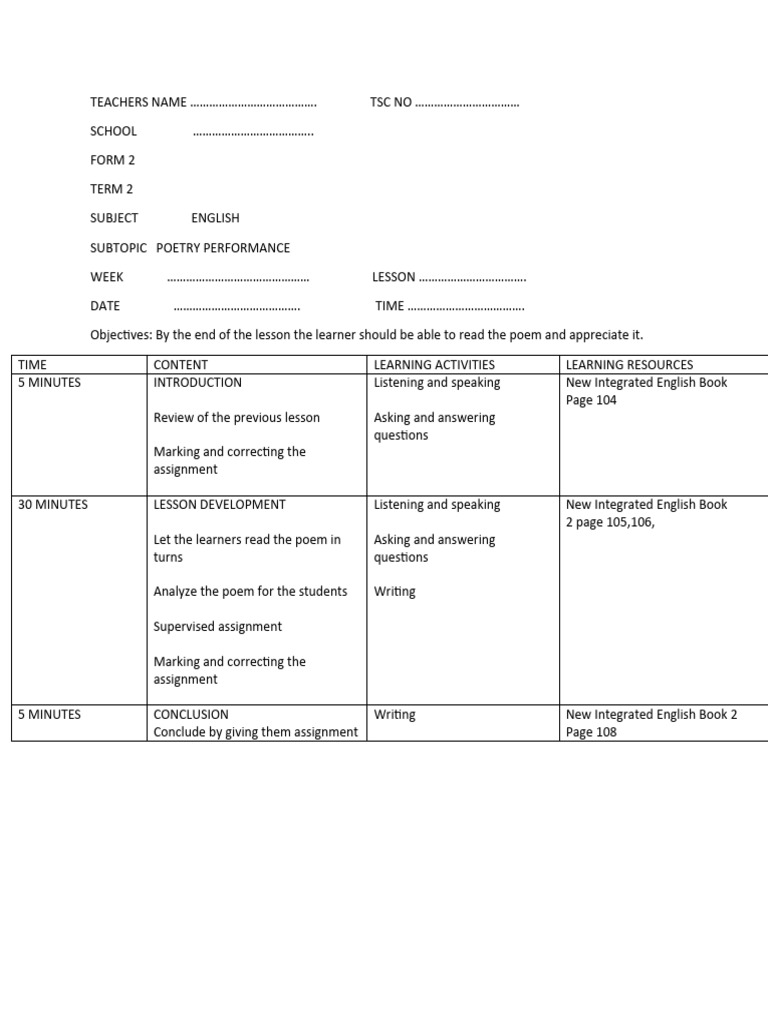 Form 2 English Lesson Plans | PDF | Question | English Language