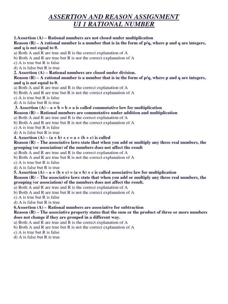 ASSERTION AND REASON ASSIGNMENT Rational Number Class 8th | PDF