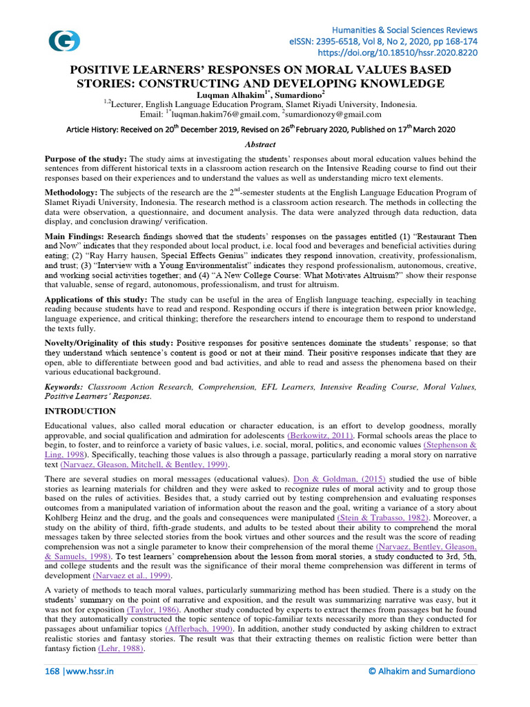 Positive Learners Responses On Moral Val | PDF | Reading Comprehension ...
