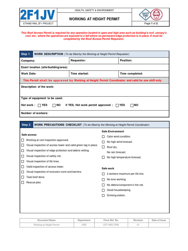 Work at Height Permit | PDF | Occupational Safety And Health | Safety