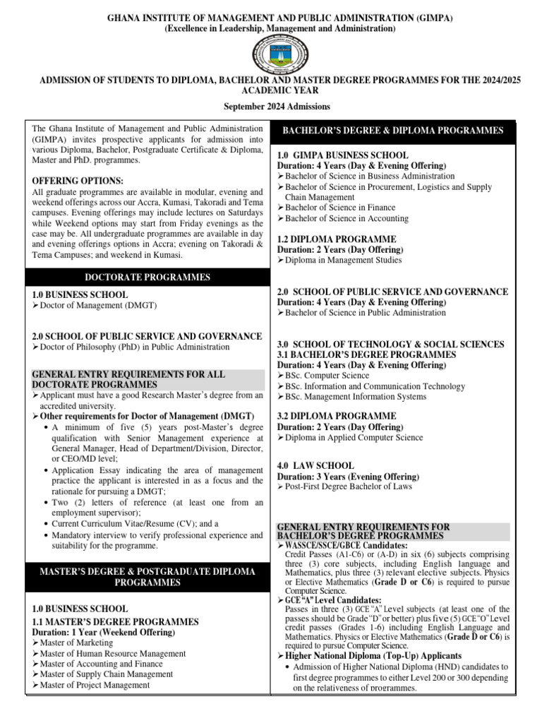 2024-2025-Admissions-Sep.-2024 Gimpa | PDF | Academic Degree | Bachelor ...