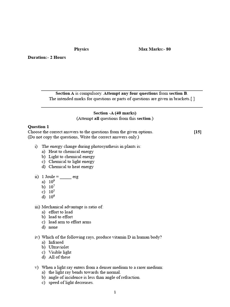 Mock Paper 1 | PDF | Light | Refraction