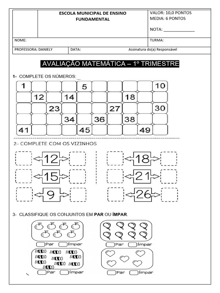 Prova de Matematica 1 Trimestre 1 Prova 2024 2 Ano | PDF