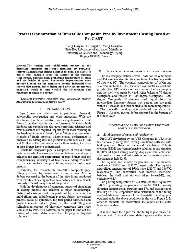 Process Optimization of Bimetallic Composite Pipe by Investment Casting Based On Procast | PDF ...