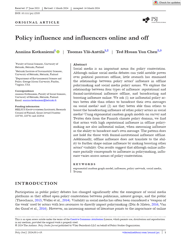 Policy Studies Journal - 2024 - Kotkaniemi - Policy Influence and ...