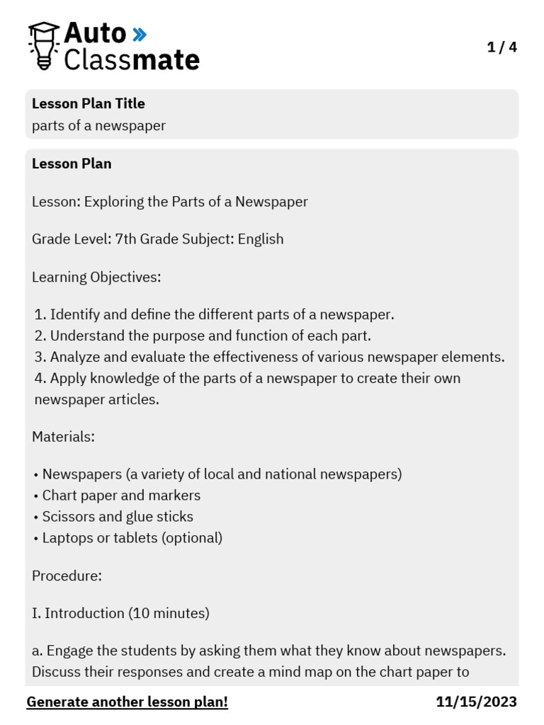 Newspaper Parts Lesson for Grade 7 | PDF | Lesson Plan | Newspapers