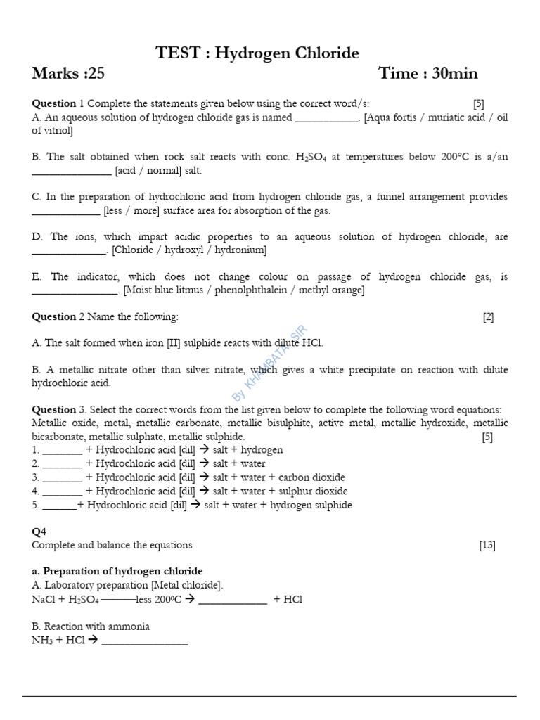 Hydrogen Chloride Test Questions | PDF | Acid | Hydrochloric Acid