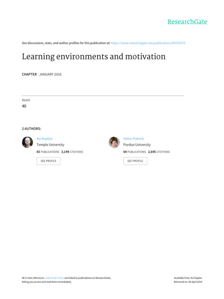 Kaplan - Learning Environments and Motivation (2016) | PDF | Motivation ...