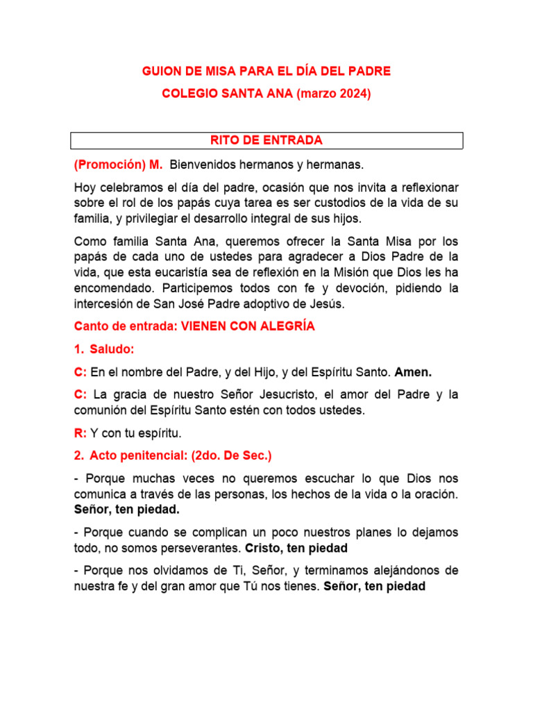 Guion De Misa Para El Día Del Padre 2024 Pdf Eucaristía María