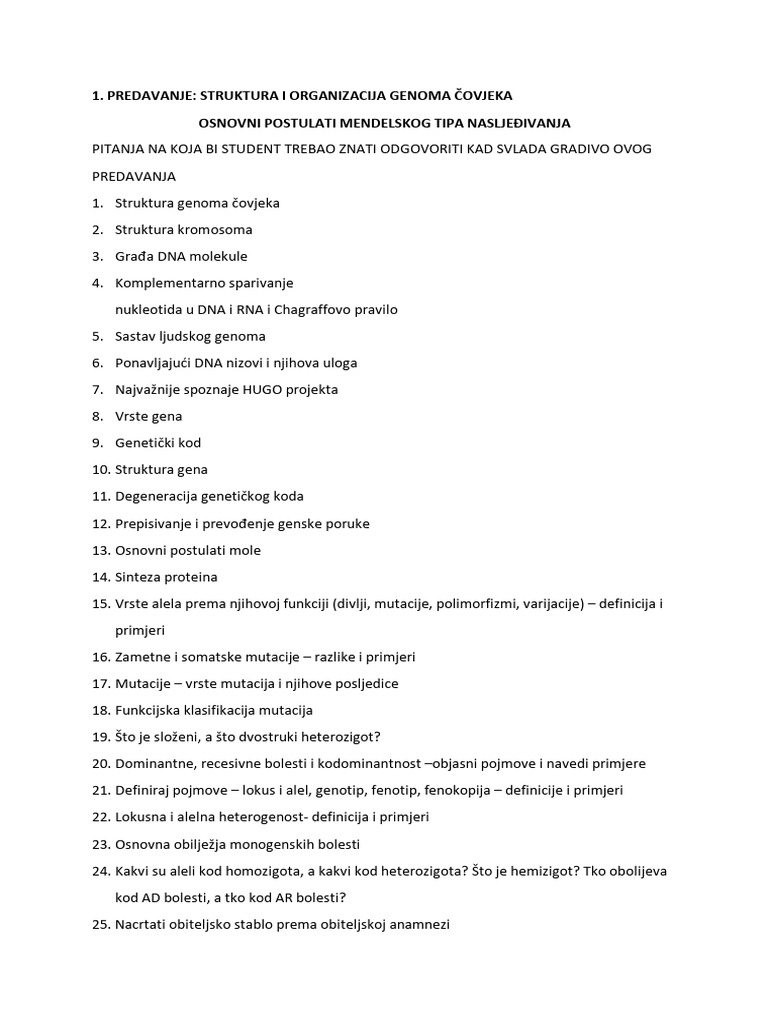 1 Predavanje Struktura I Organizacija Genoma Pitanja | PDF
