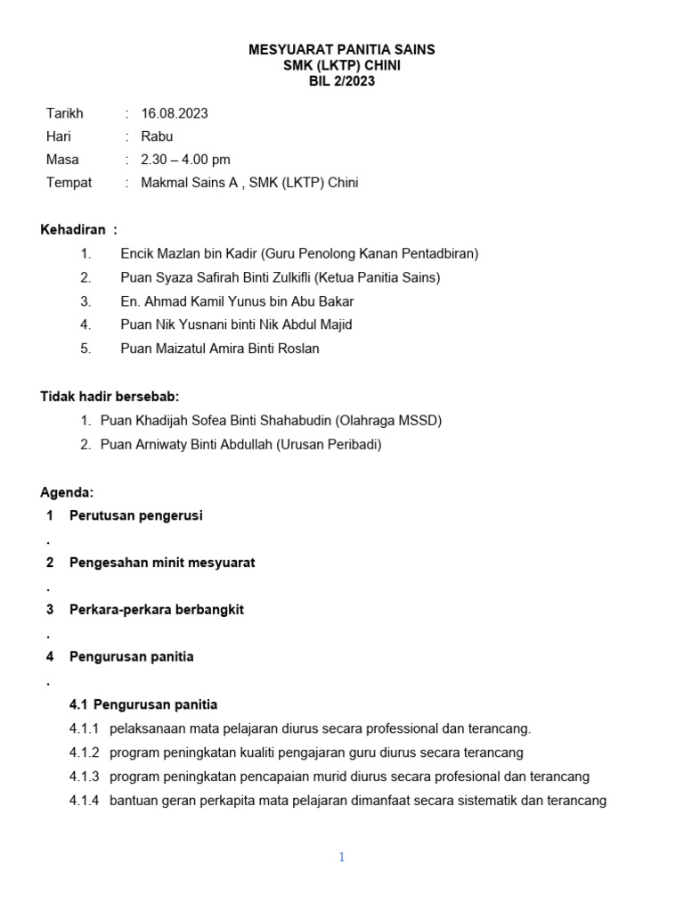 Mesyuarat Panitia Sains Bil 2 2023 | PDF