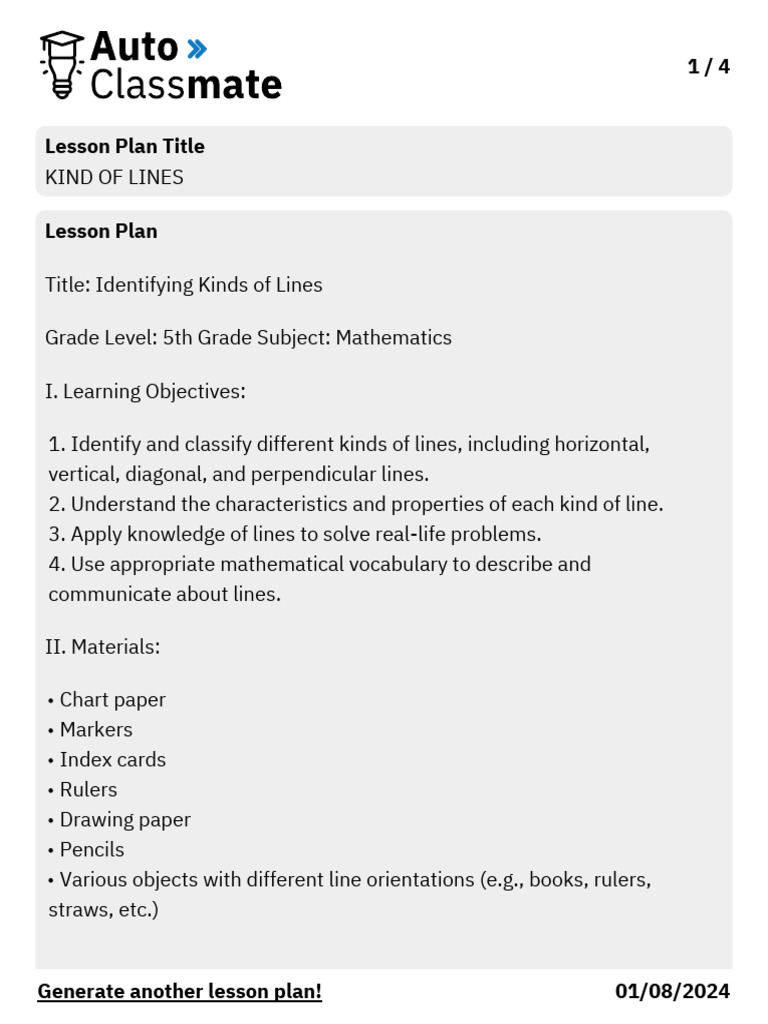 Lesson Plan Kind of Lines (Elem) | PDF | Lesson Plan | Mathematics
