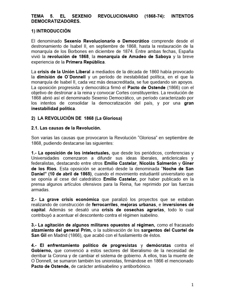 Tema 5.el Sexenio Revolucionario | PDF | España | Política de españa