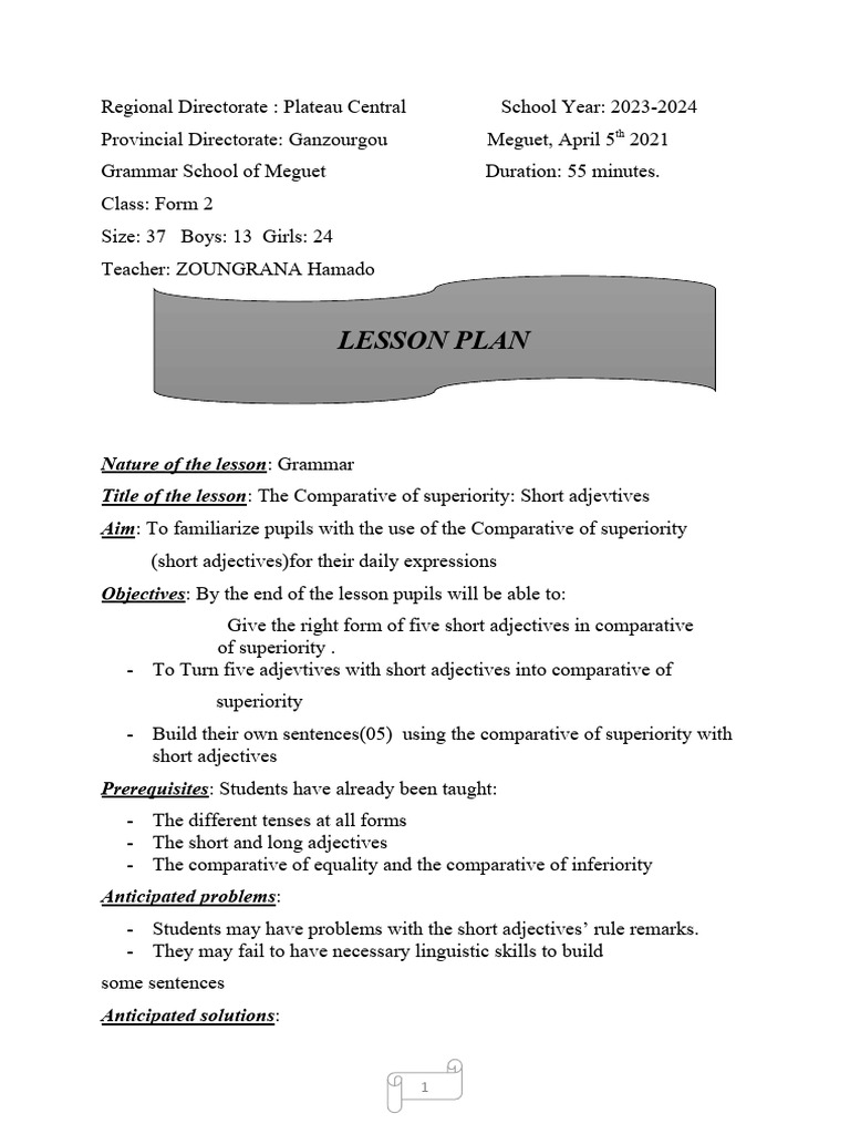 Lesson Plan for Exam | PDF | Adjective | Linguistics