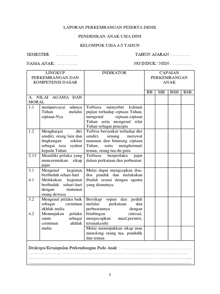 Laporan Raport Paud | PDF | Karier & Perkembangan | Pengembangan Diri