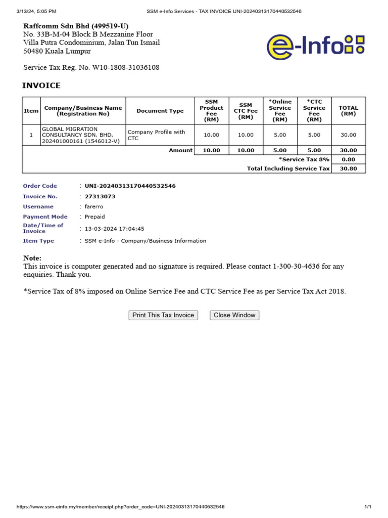 SSM E-Info Services - Tax Invoice Uni-20240313170440532546 | PDF