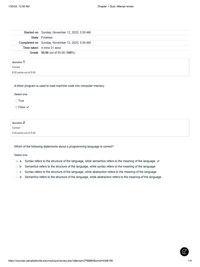 Chapter 1 Quiz_ Attempt Review | PDF | Abstraction (Computer Science) | Programming Language