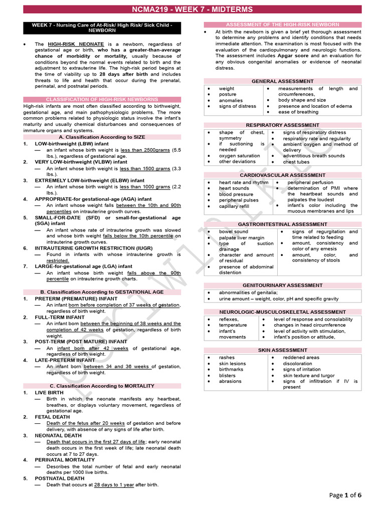 NCMA219 - W7 - Nursing Care of at Risk, High Risk, Sick Child - NEWBORN ...