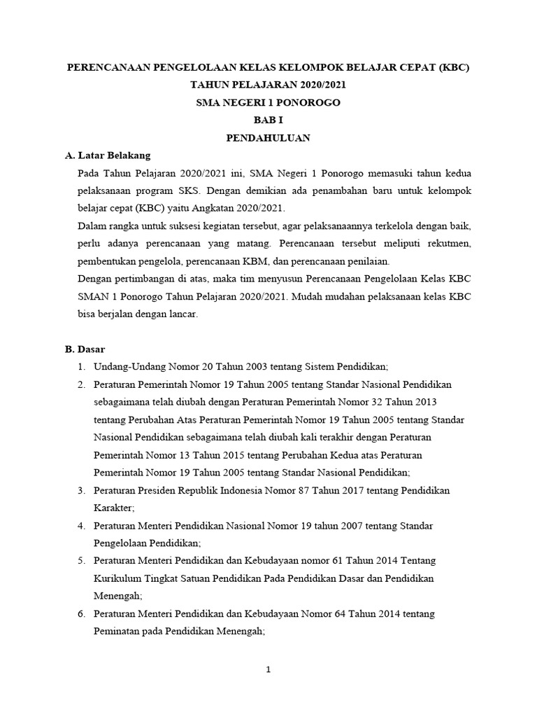 Contoh PERENCANAAN PENGELOLAAN KELAS KBC | PDF