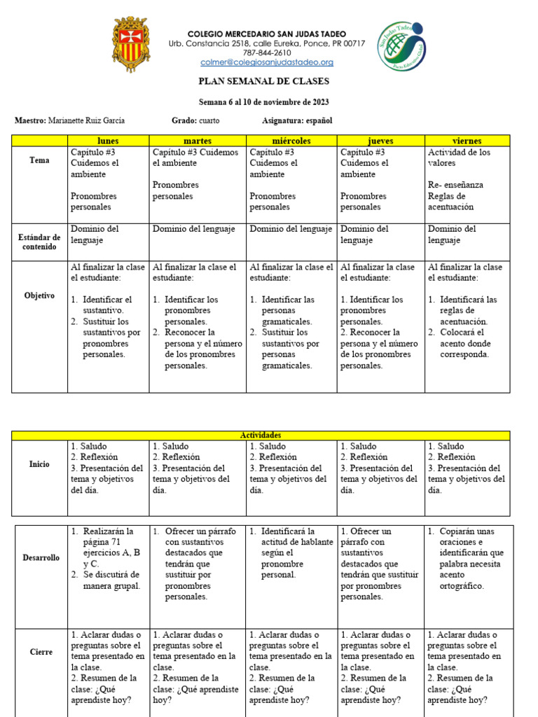Plan Semanal Clases Español 4° Grado | PDF | Pronombre | Gramática