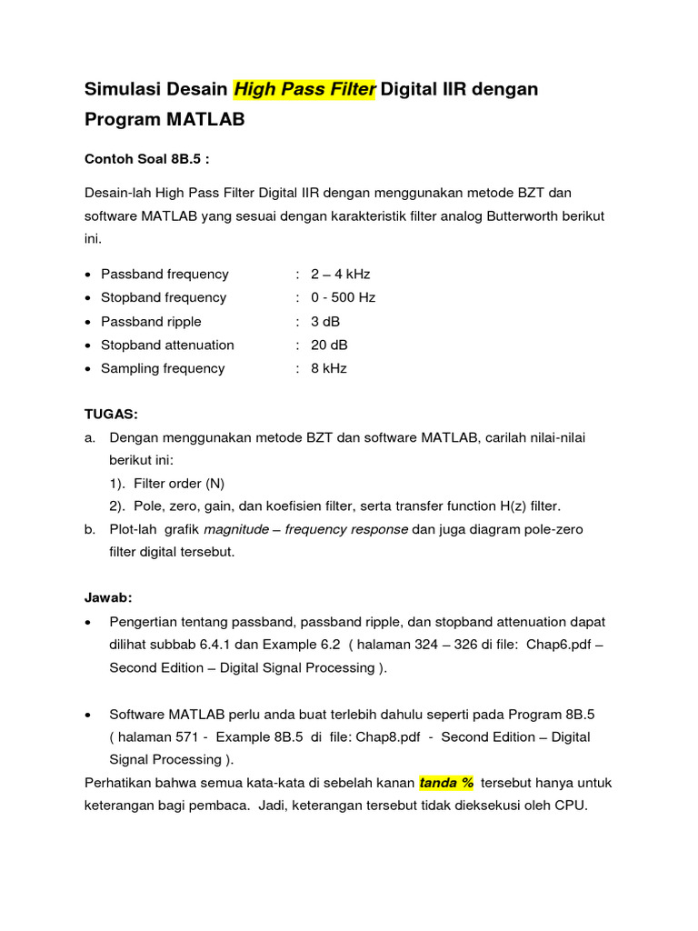 Simulasi Desain High Pass Filter Digital IIR Dengan Program MATLAB | PDF