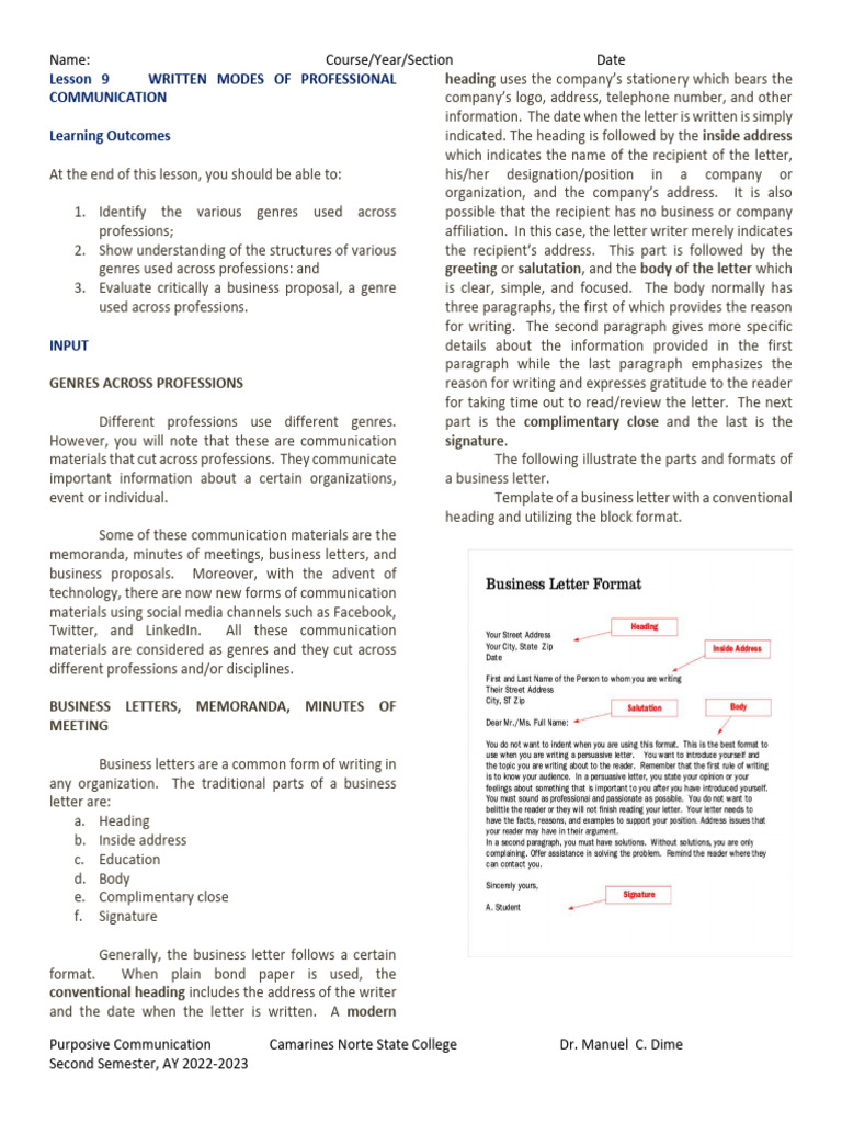 Lesson 9 Written Modes of Professional Communication | Download Free ...