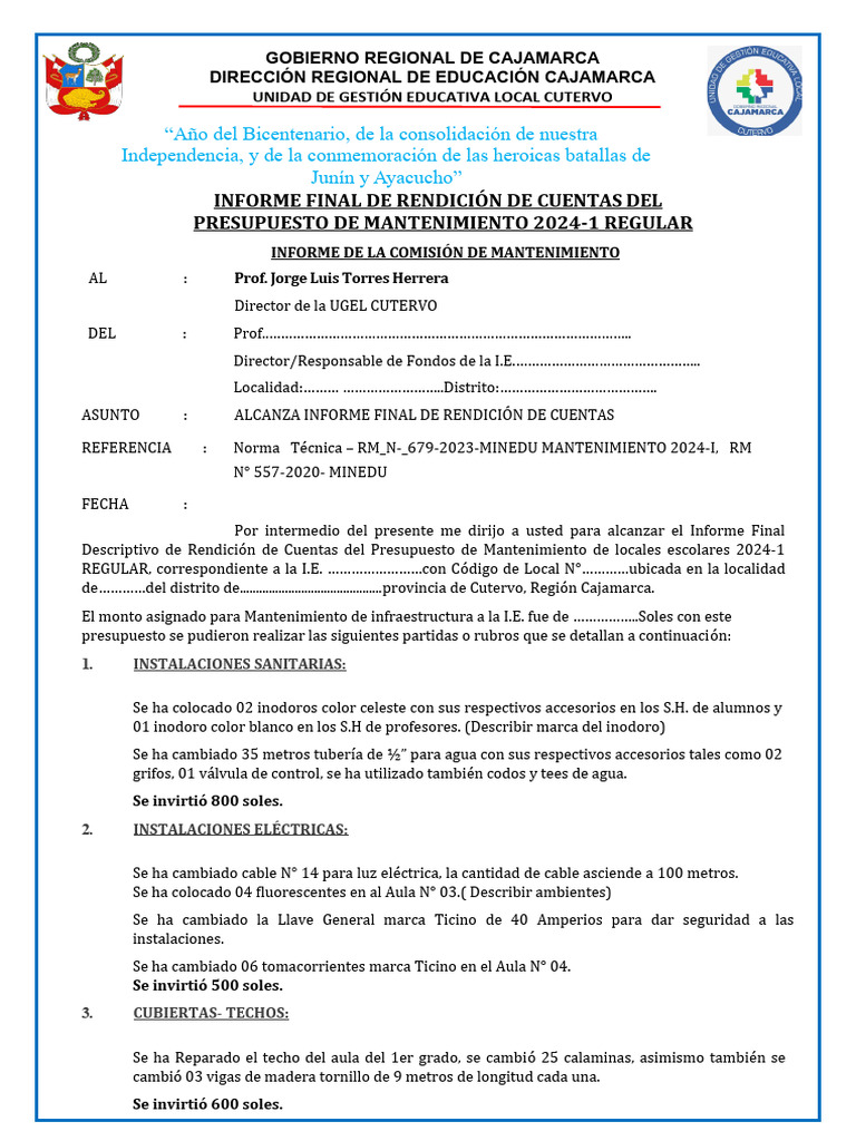 Modelo de Informe de Rendicion de Cuentas 2023-0 | PDF | Hogar, jardinería y bricolaje
