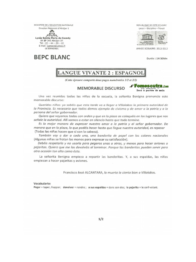 61275e0730957sujet D Espagnol Bepc Blanc 2013 Lycee Sainte Mari | PDF