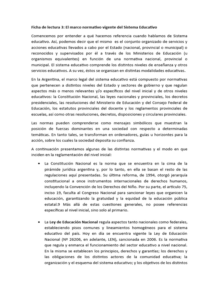 Ficha de lectura 3 Las normativas vigentes del Nivel inicial | PDF ...