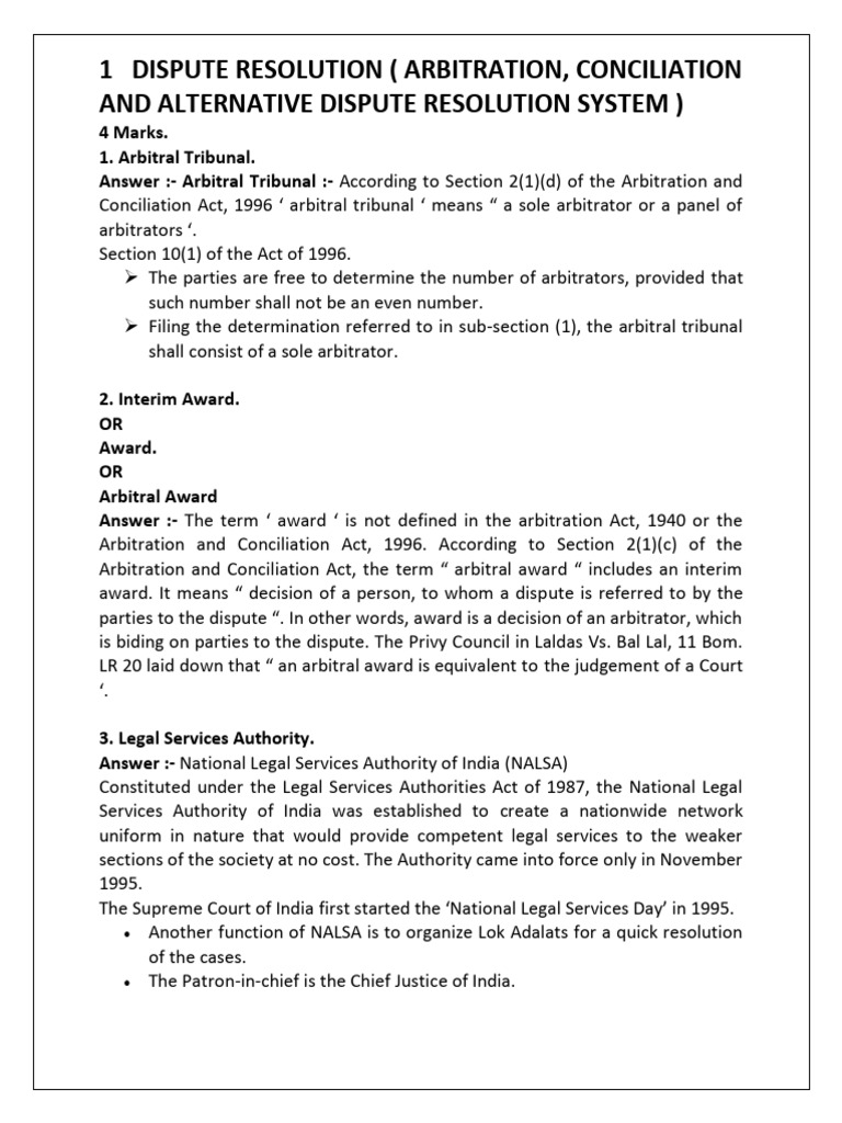 Dispute Resolution (Arbitration, Conciliation and Alternative Dispute Resolution System) 4 Marks ...