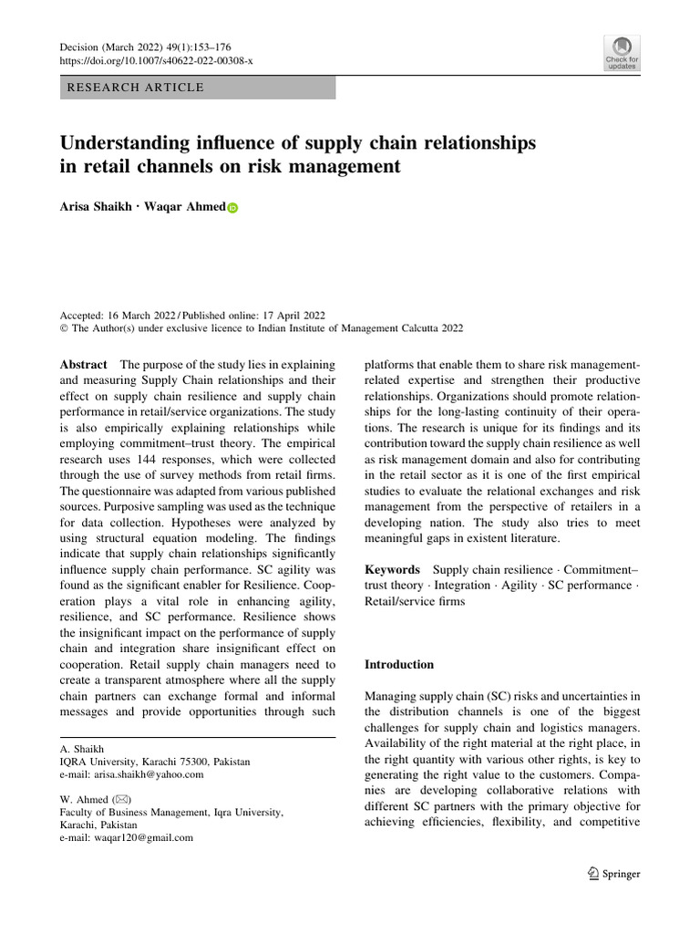 Supply Chain Relationships and Risk Management | PDF | Quantitative ...