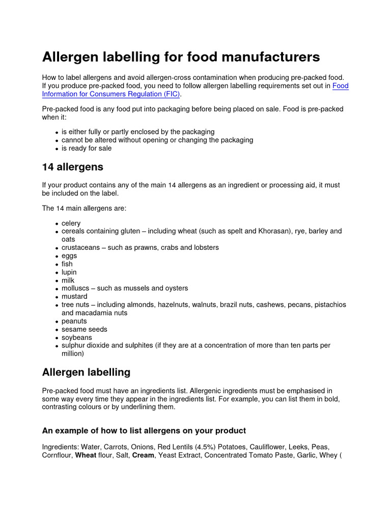 Allergen Labelling For Food Manufacturers | PDF | Food Allergy | Allergen