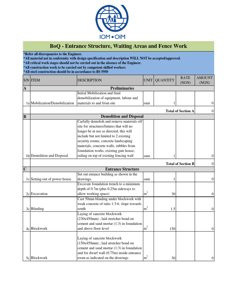 Bill of Quantities for Construction Works | PDF | Concrete | Wall